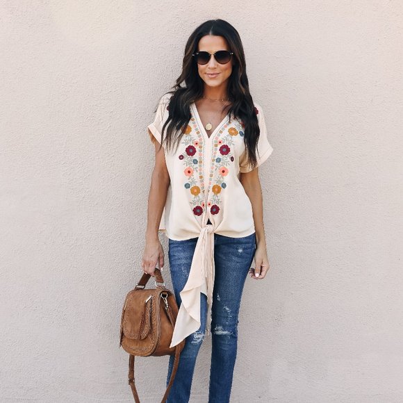 entro | Tops | Entro Floral Embroidered Tie Waist Blouse Top S | Poshmark